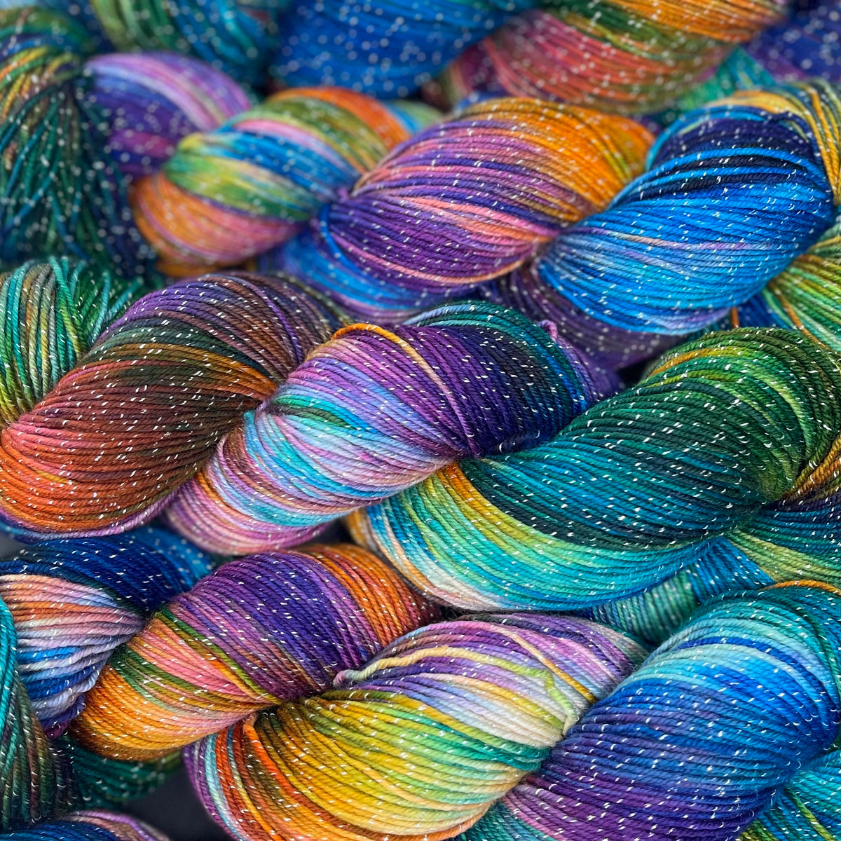 Figment sparkly sock yarn Skittles – Deep Dyed Yarns